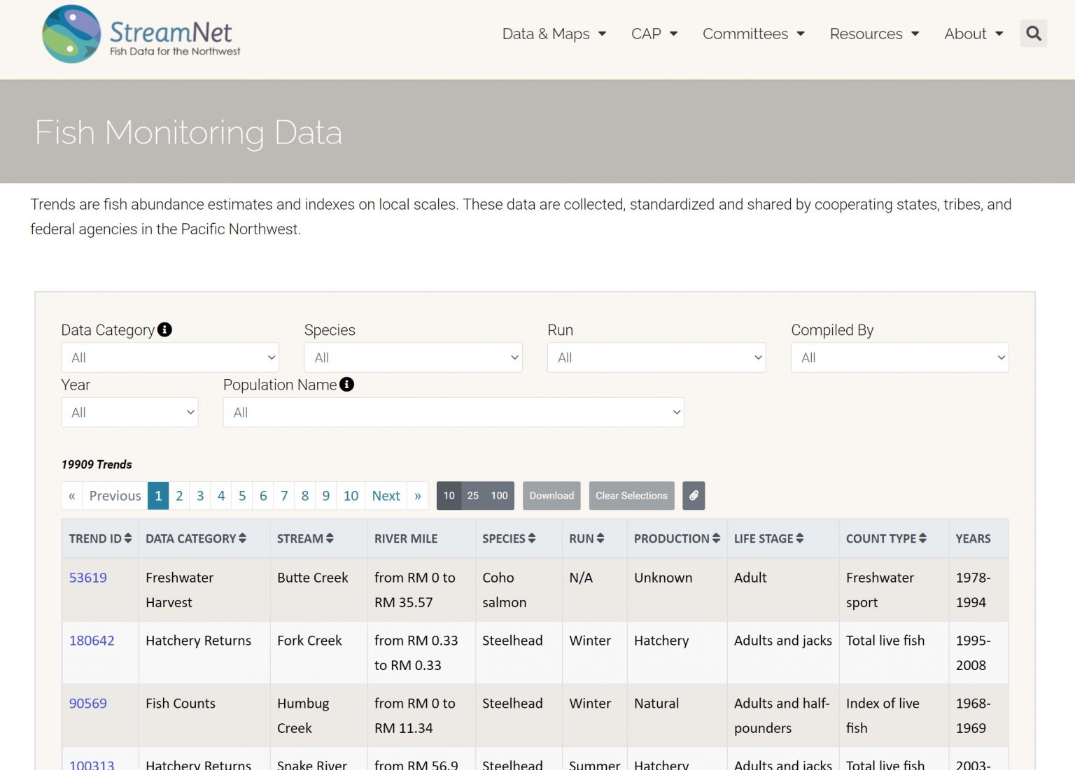 Fish Monitoring Data Query - StreamNet